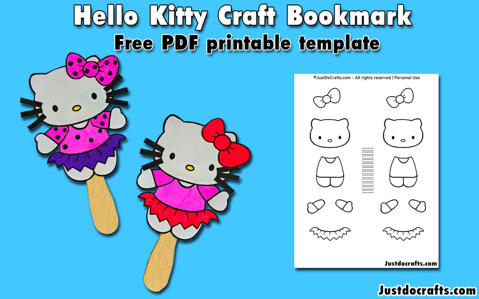Hello Kitty Craft Bookmark (Free PDF printable template) - Just Do Crafts